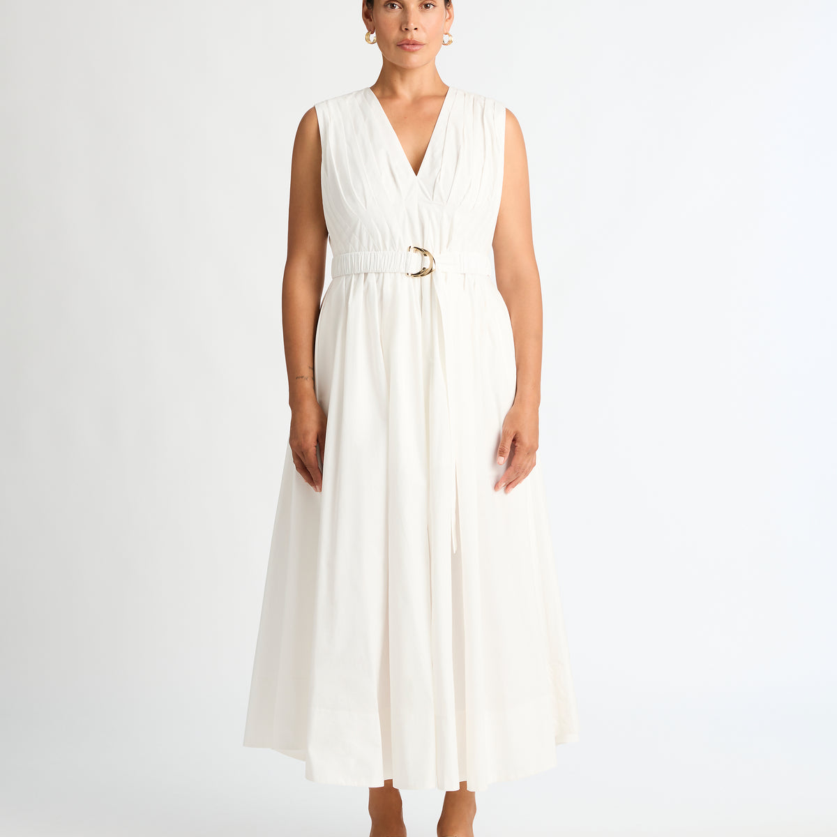 Avery Midi Dress White | A-line Pleated Dress | SHEIKE
