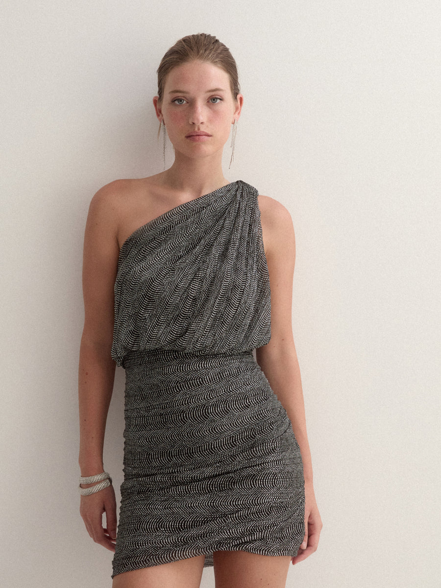 Eclipse Mini Dress Silver | Draped One Shoulder | SHEIKE