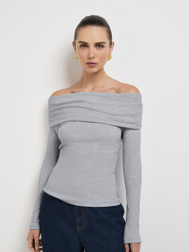 Cozy Knit Top Silver | Off Shoulder Knit | SHEIKE