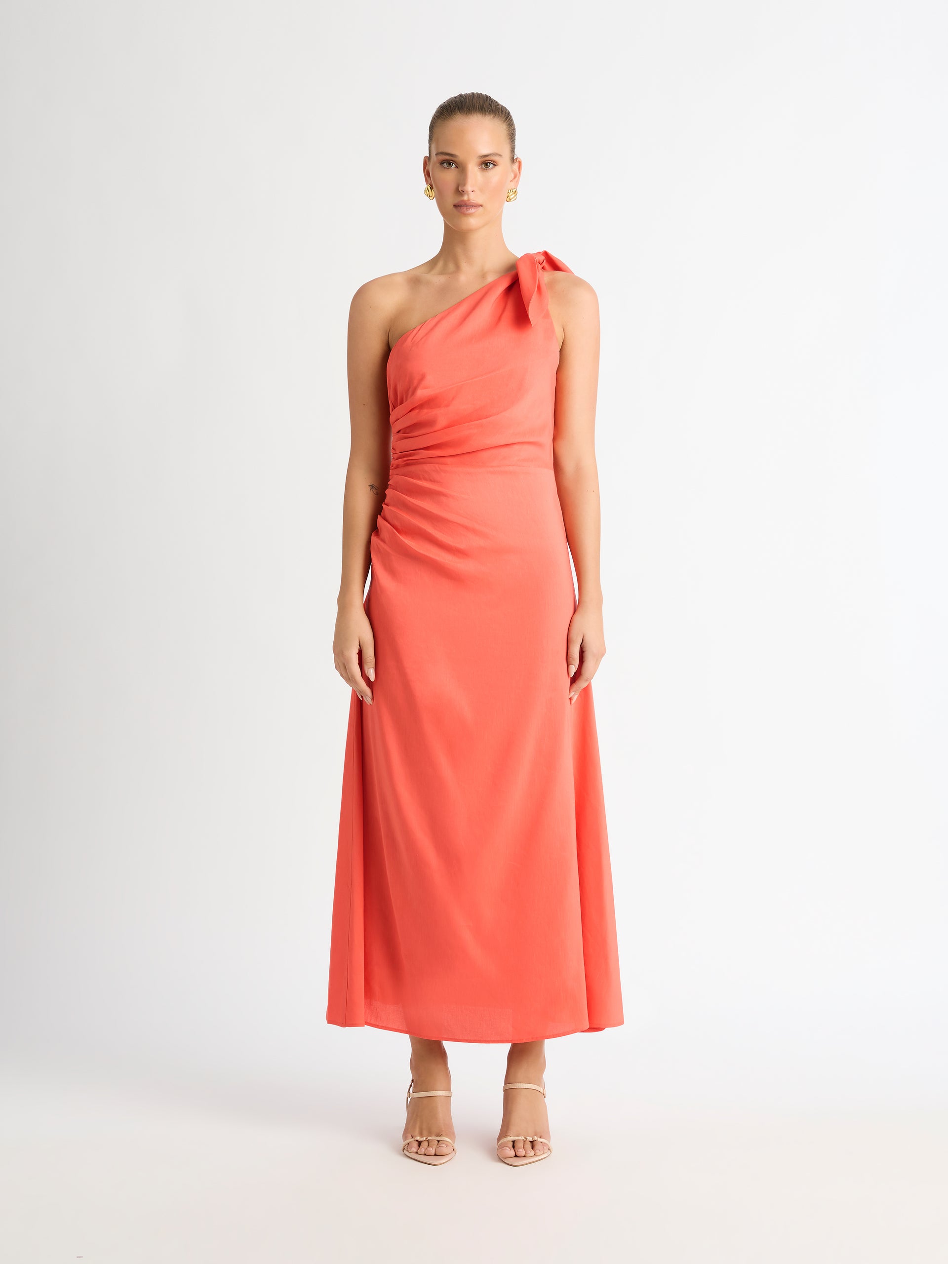 Azalea Midi Dress Coral | One Shoulder Dress | SHEIKE