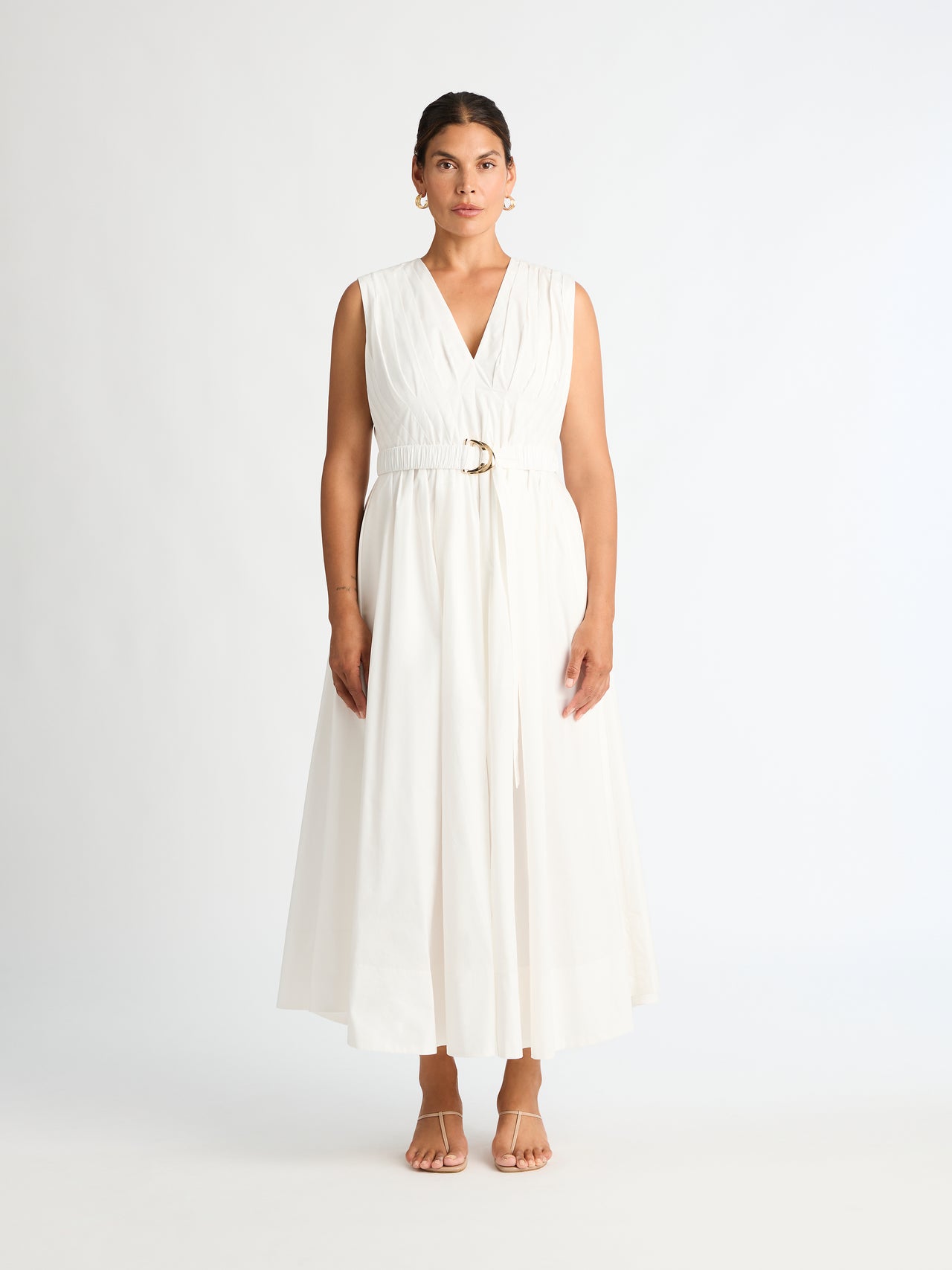 Avery Midi Dress White | A-line Pleated Dress | SHEIKE