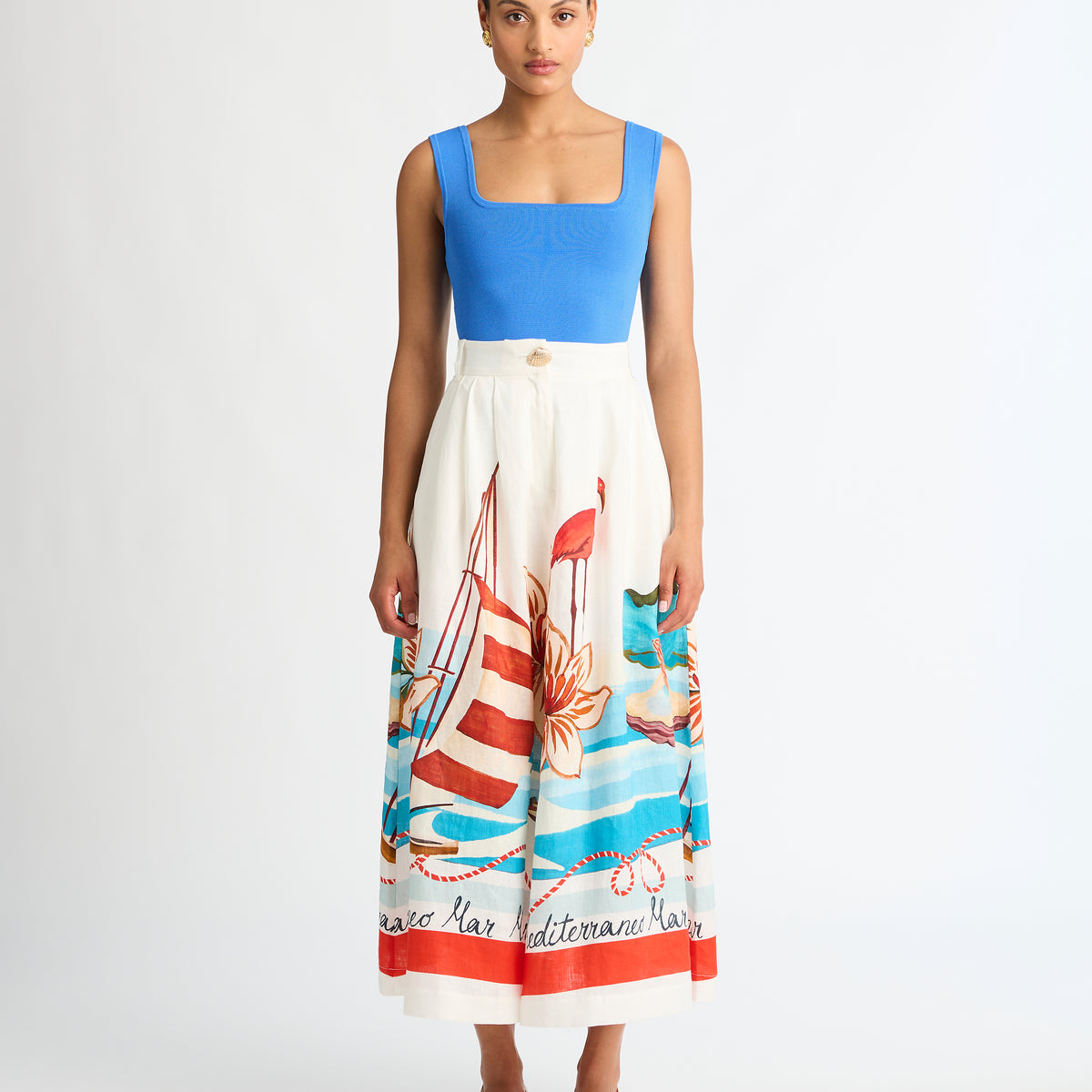 Sail Boat Skirt Print | 100% Linen Midi Skirt | SHEIKE