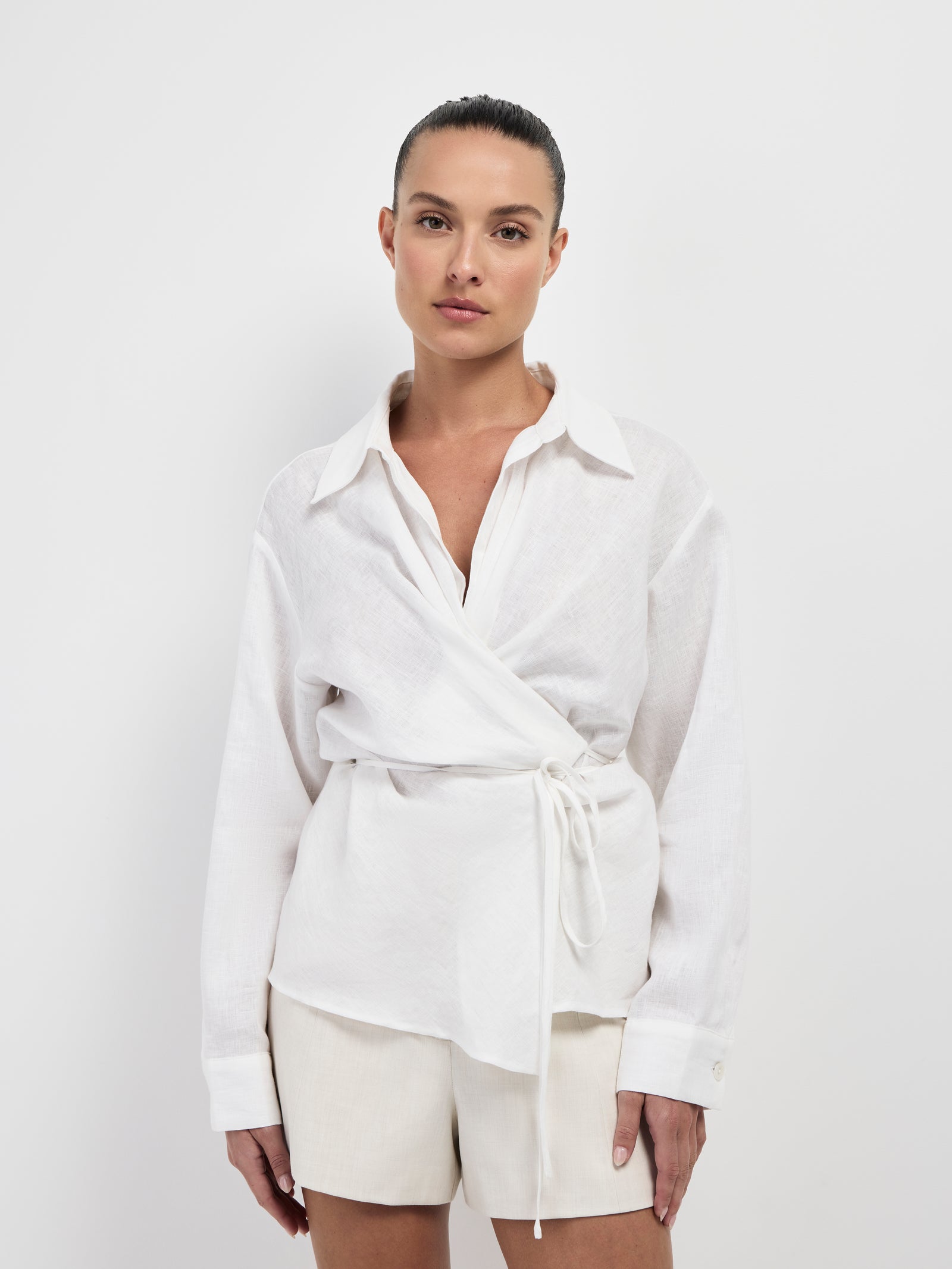 Paradisa Wrap Shirt White | Linen Shirt | SHEIKE