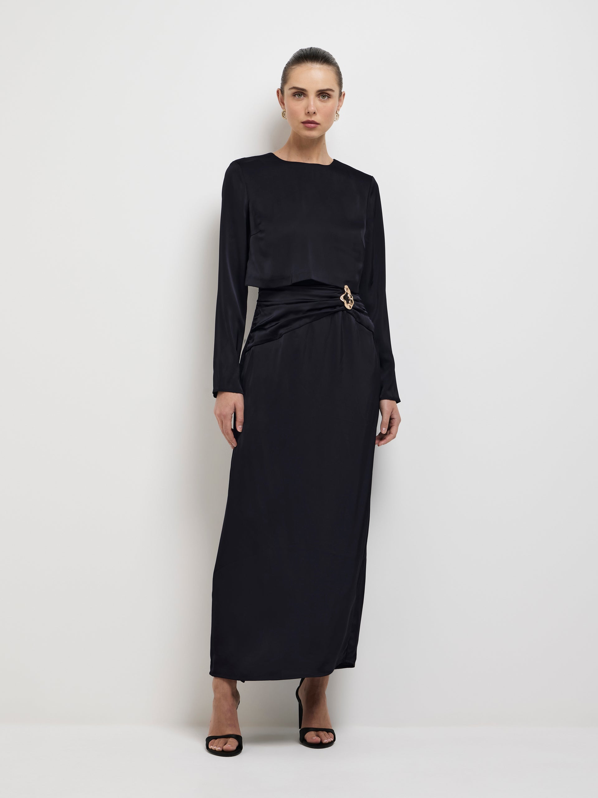 Zari Dress Black | Satin Midi Dress | SHEIKE