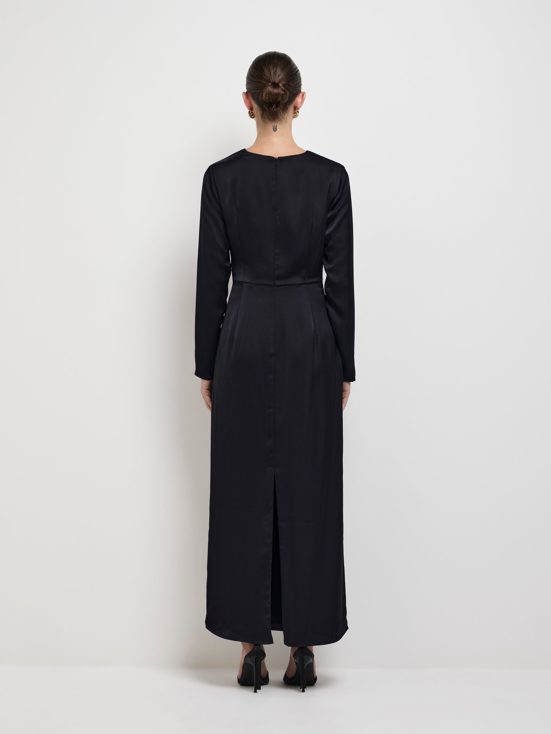 Zari Dress Black | Satin Midi Dress | SHEIKE