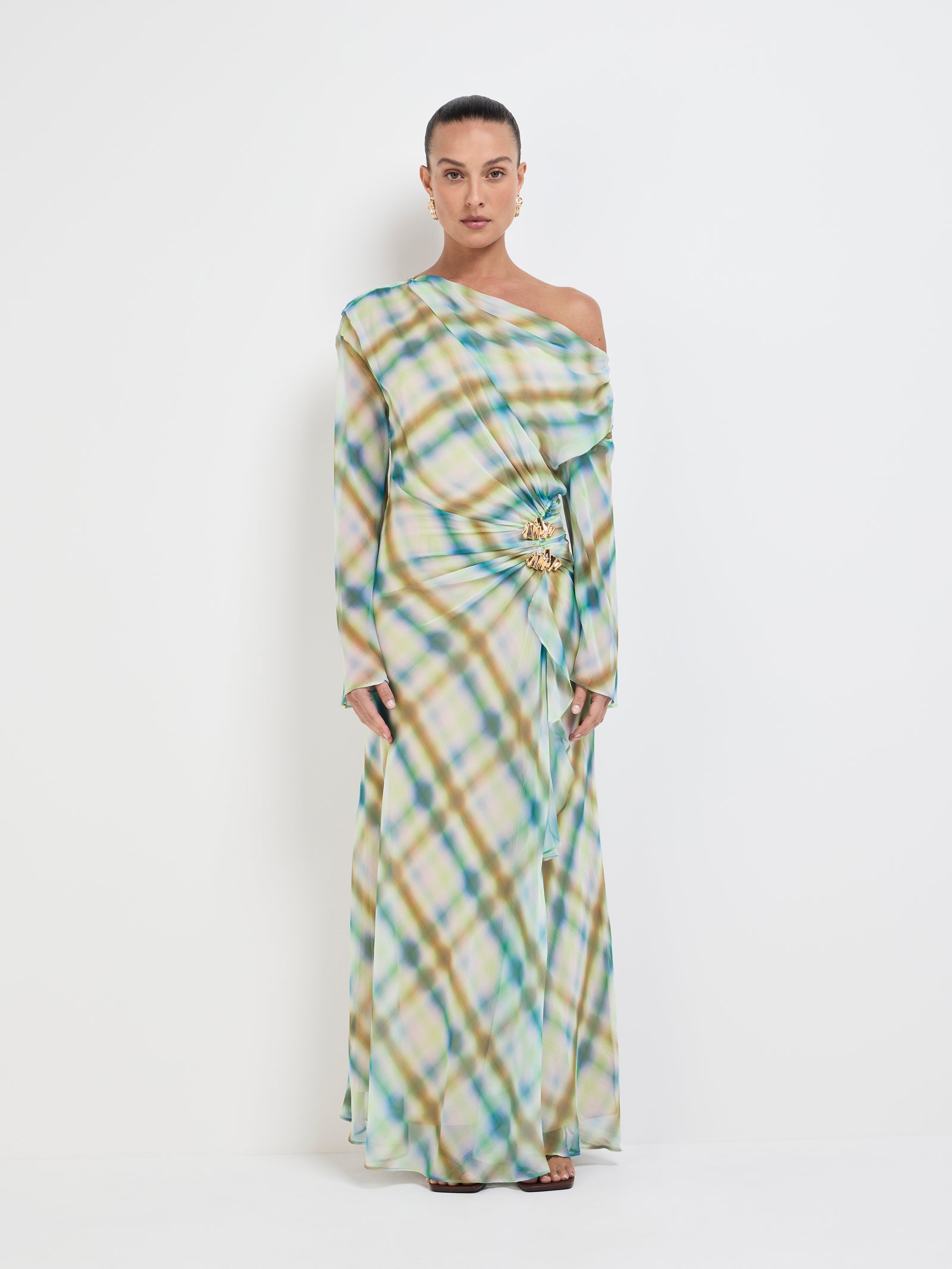 Ada Maxi Dress Check | Georgette Off Shoulder Dress | SHEIKE