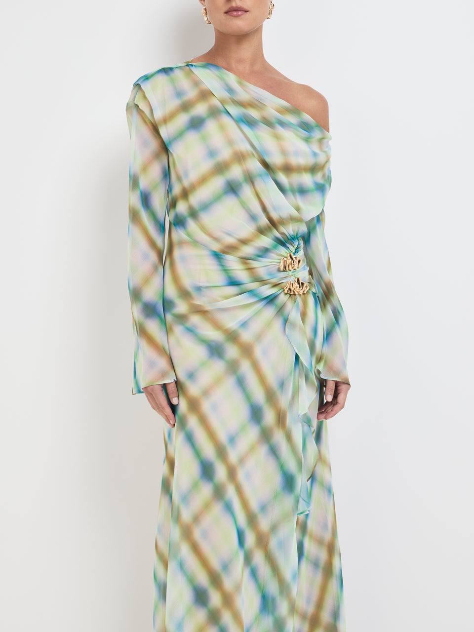Ada Maxi Dress Check | Georgette Off Shoulder Dress | SHEIKE