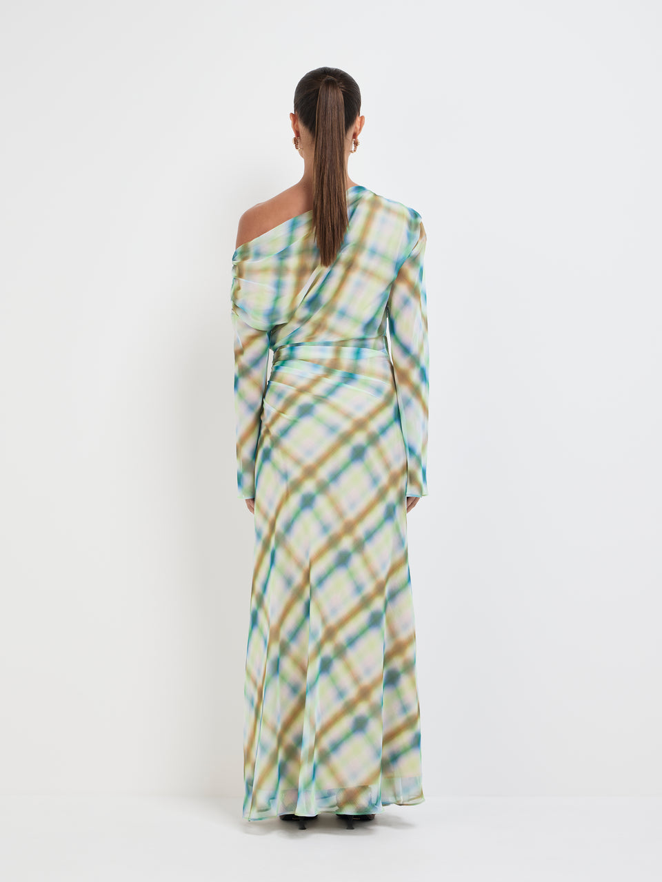 Ada Maxi Dress Check | Georgette Off Shoulder Dress | SHEIKE