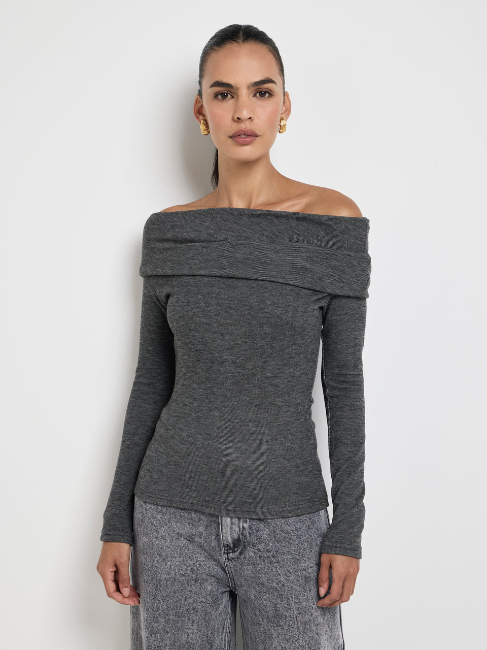 Cozy Knit Top Charcoal | Off Shoulder Knit | SHEIKE