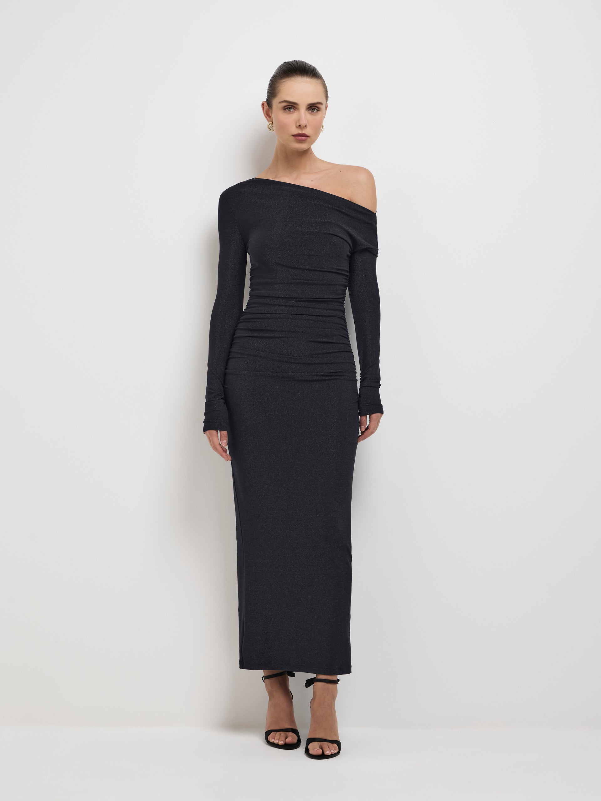 Mya Dress Metallic Black | Long Sleeve Maxi | SHEIKE