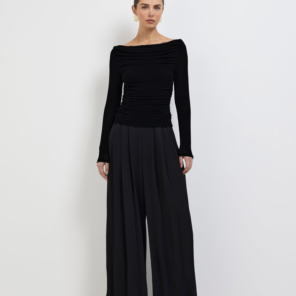 Yvette Long Sleeve Top Black | Ruched Top | SHEIKE