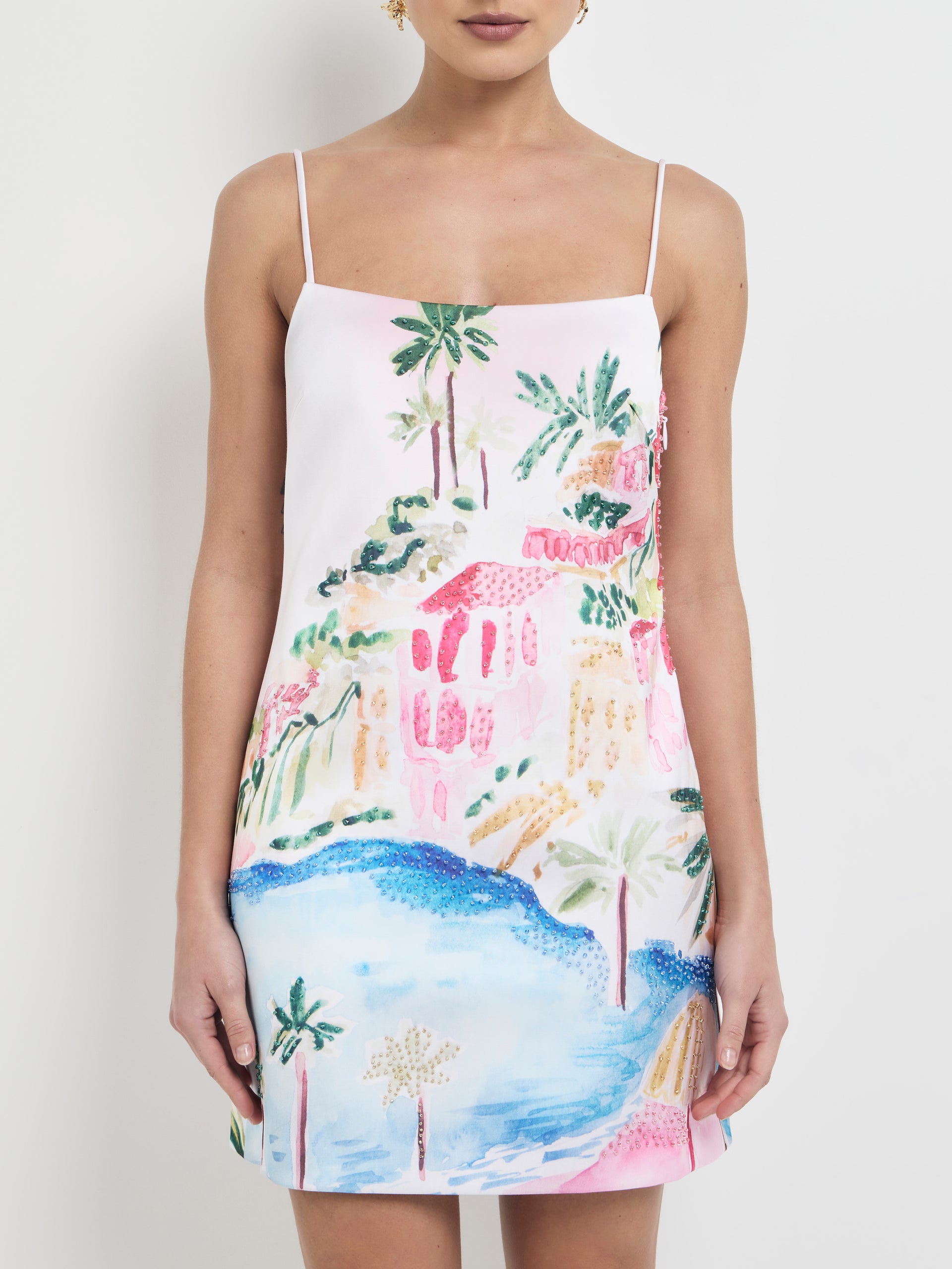 Riviera Dreams Mini Dress Print | Beaded Shift Dress | SHEIKE