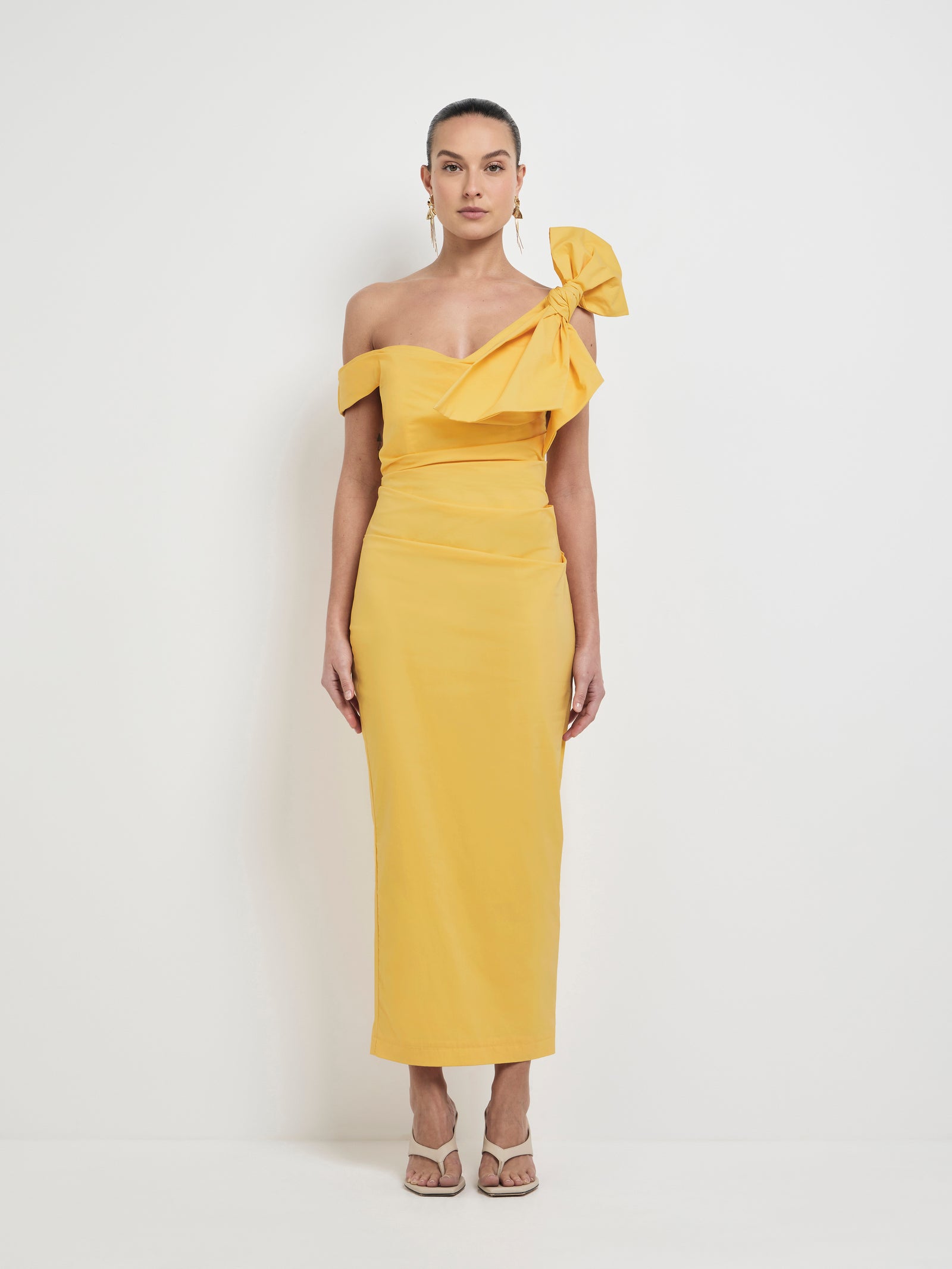 Anais Midi Dress Marigold | Bow Brooch Evening Dress | SHEIKE