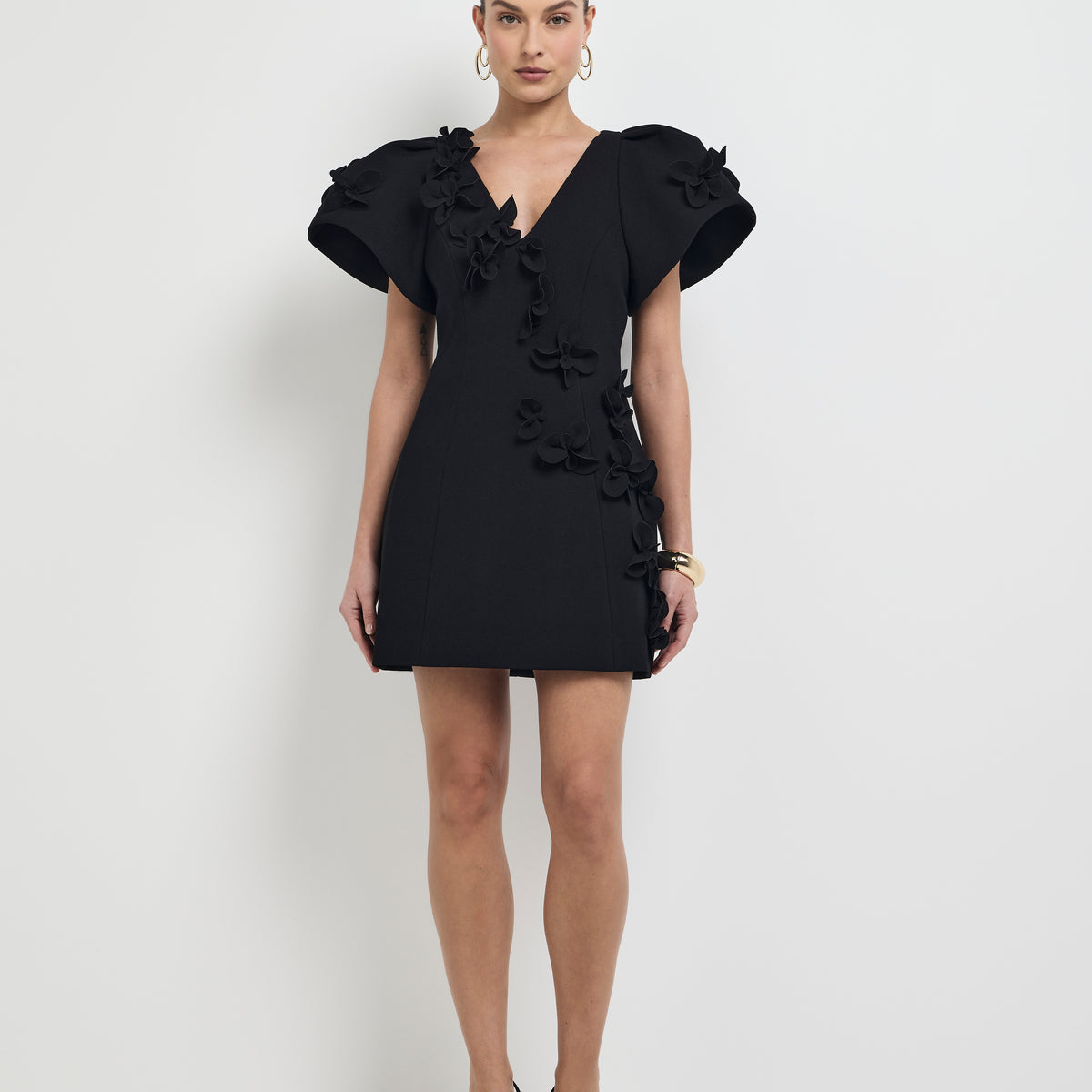 Michelle Mini Dress Black | 3D Floral Mini Dress | SHEIKE