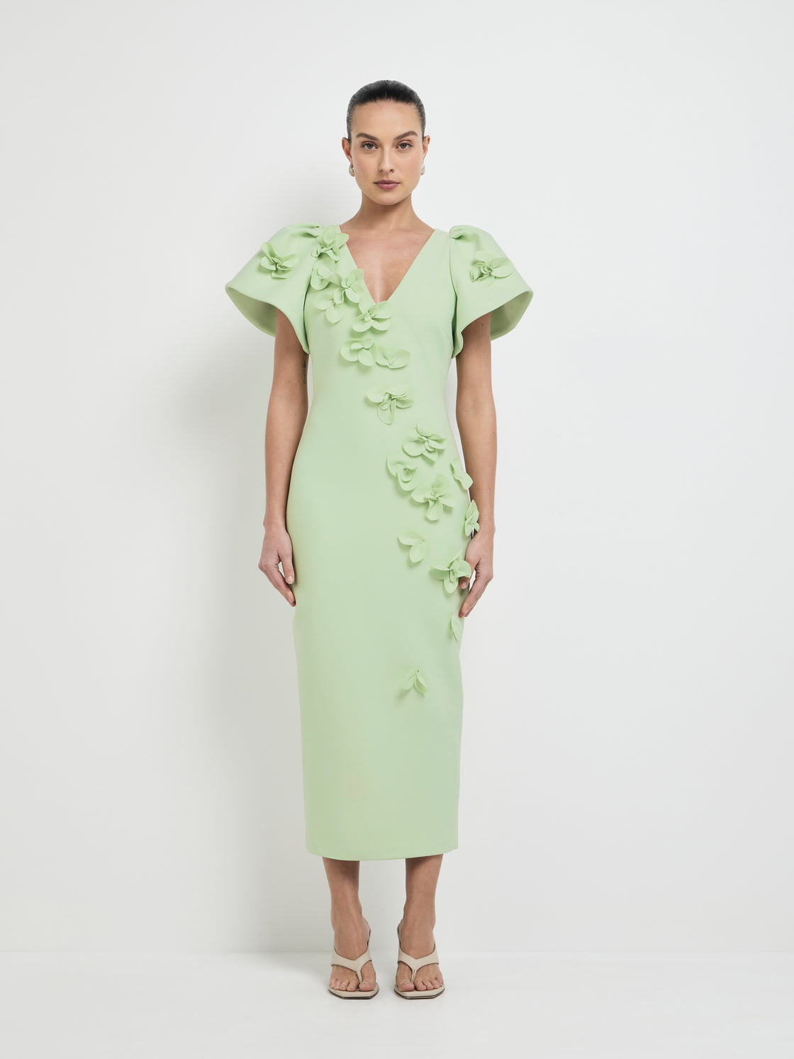 Michelle Midi Dress Green | 3D Floral Midi Dress | SHEIKE