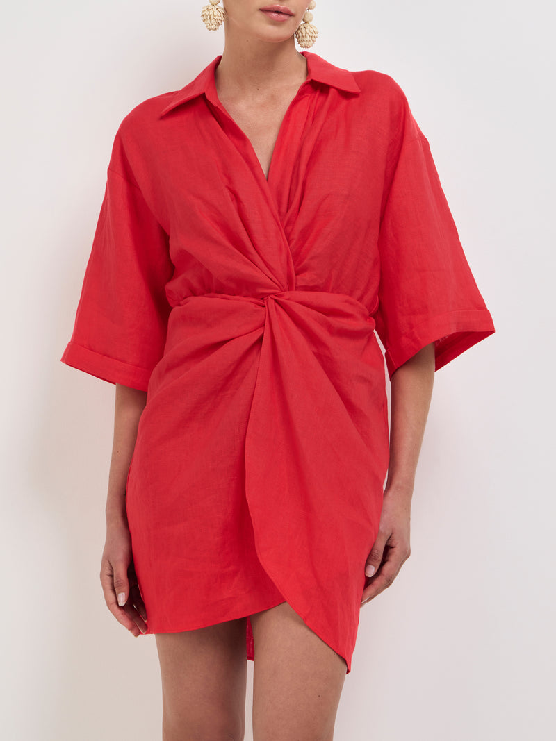 Evie Linen Dress Red | Mini Shirt Dress | SHEIKE
