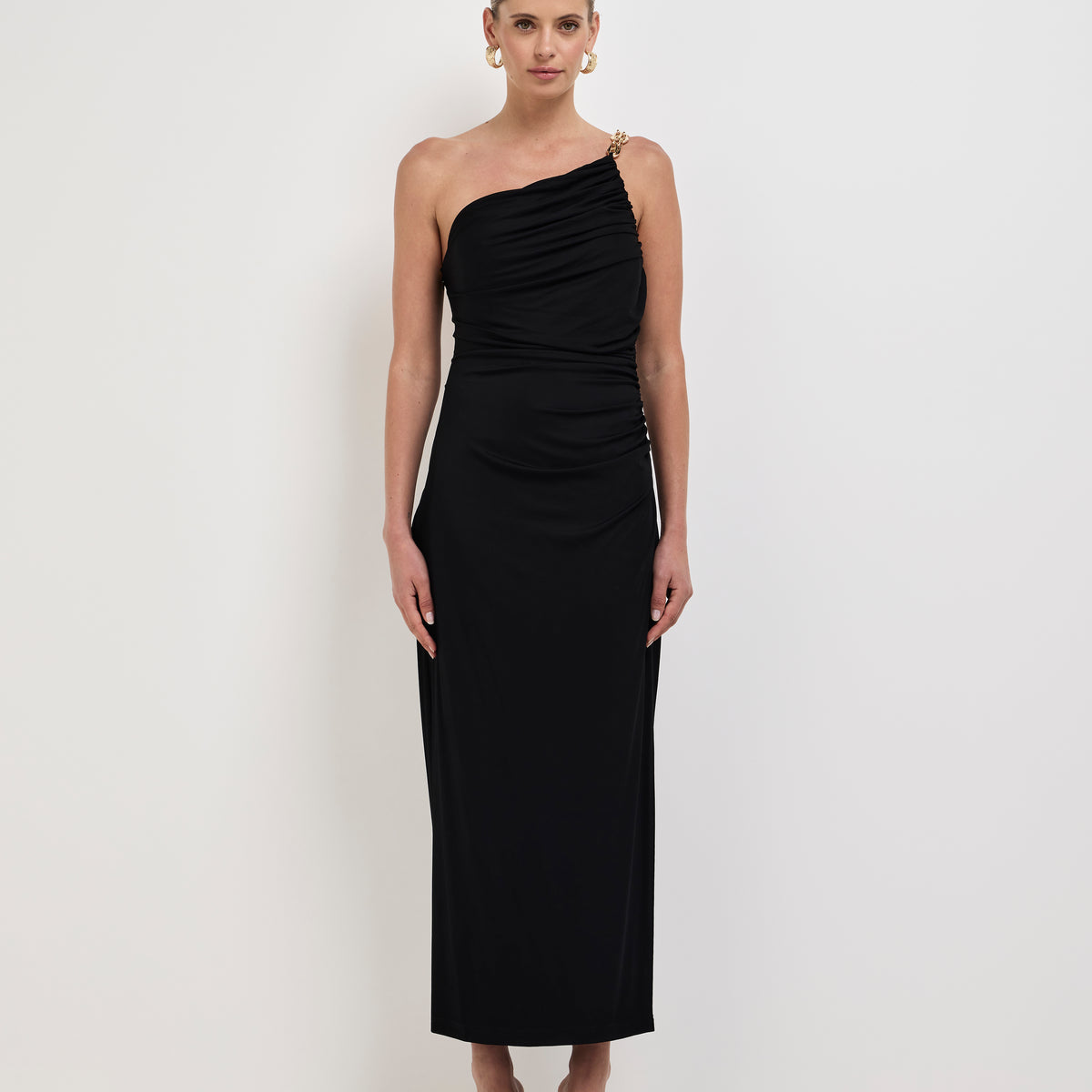 Zimi Midi Dress Black | One Shoulder Dress | SHEIKE