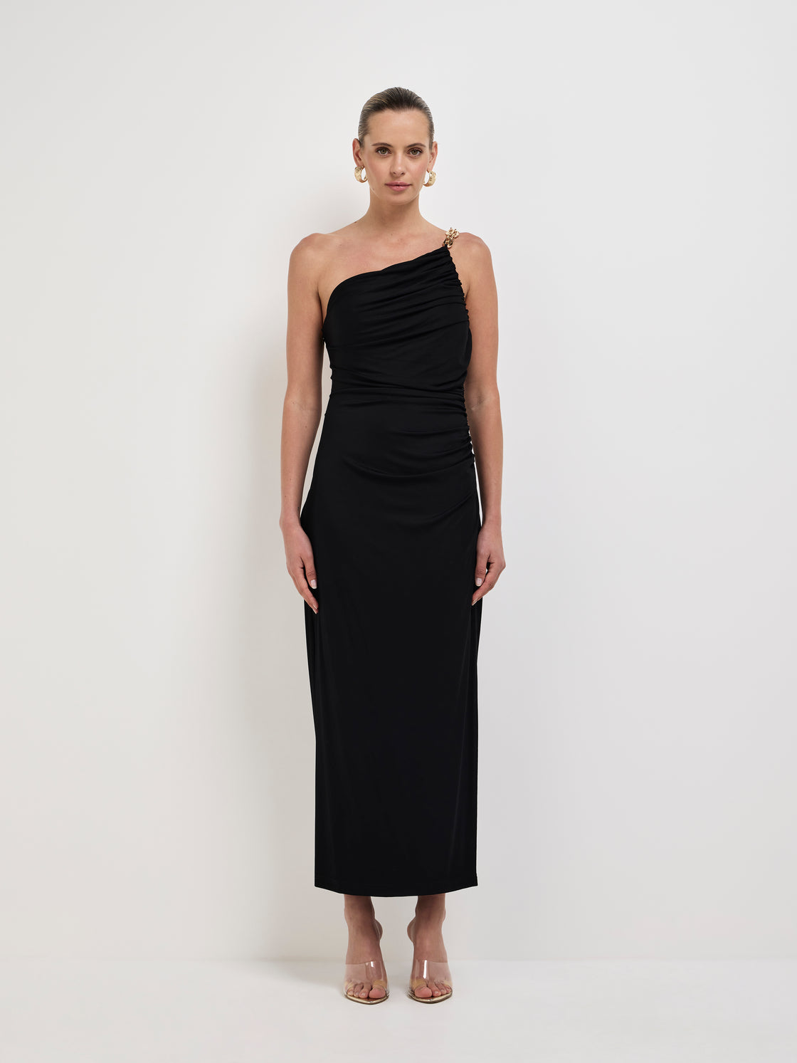 Zimi Midi Dress Black | One Shoulder Dress | SHEIKE