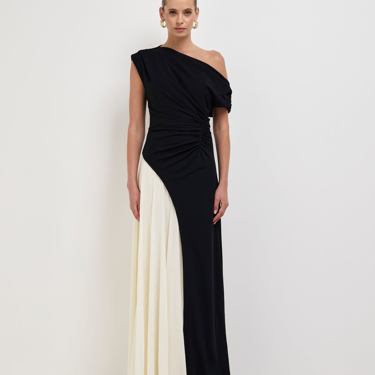 Celine Maxi Dress Black/Cream | Asymmetrical Gown | SHEIKE