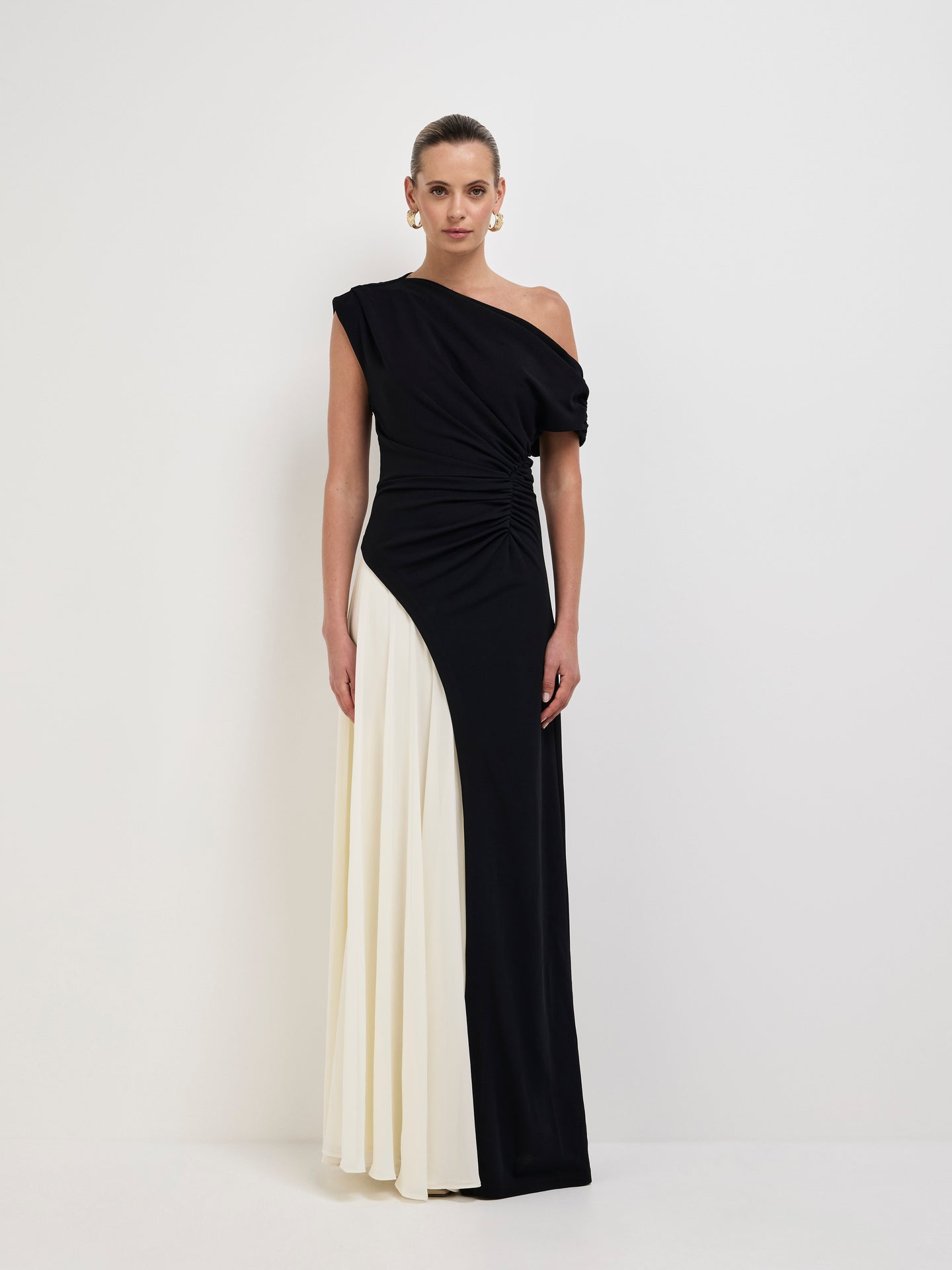 Celine Maxi Dress Black/Cream | Asymmetrical Gown | SHEIKE