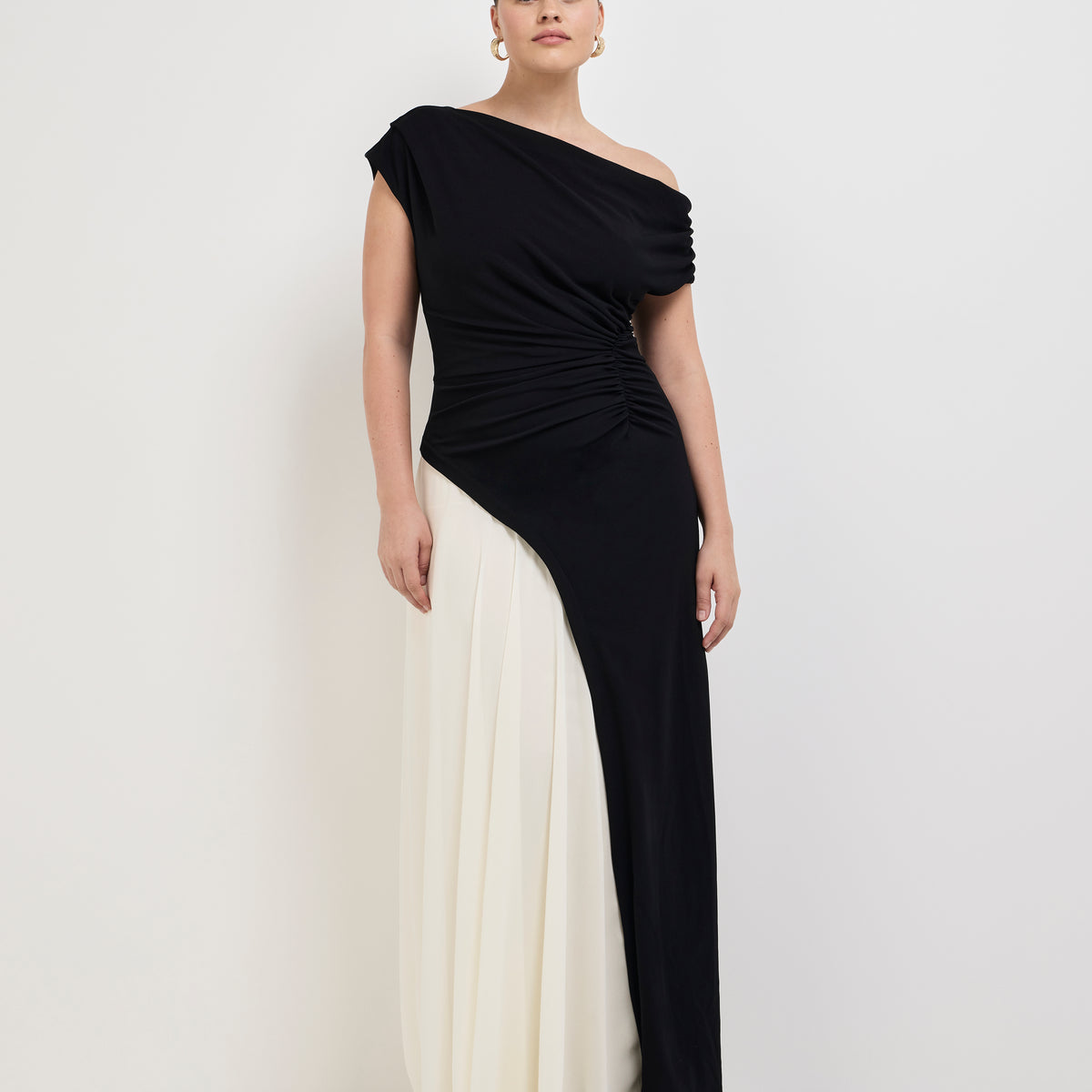 Celine Maxi Dress Black/Cream | Asymmetrical Gown | SHEIKE
