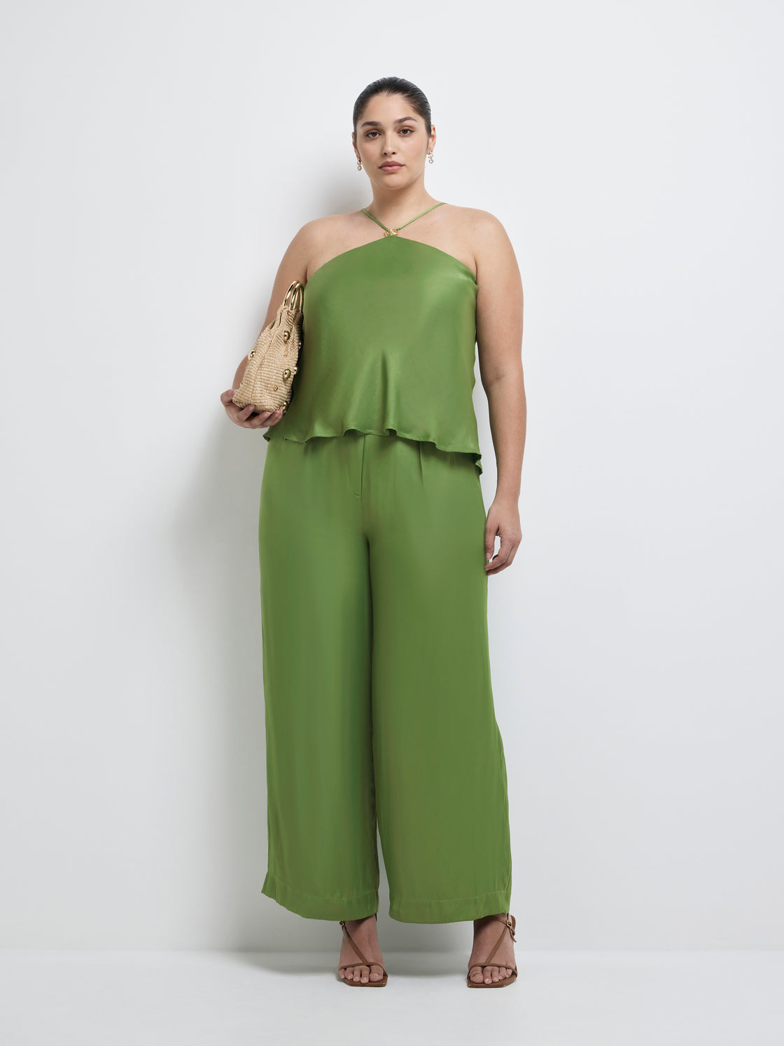 Anya Pant Green | Satin Wide Leg Pant | SHEIKE