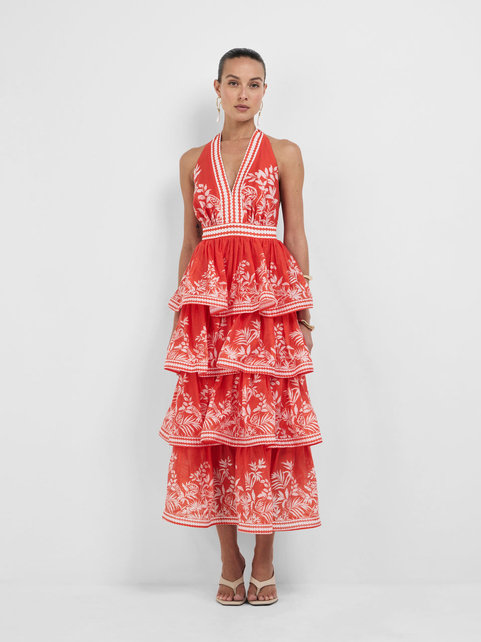 Ravello Dress Red Floral | Printed Tiered Halter Midi | SHEIKE
