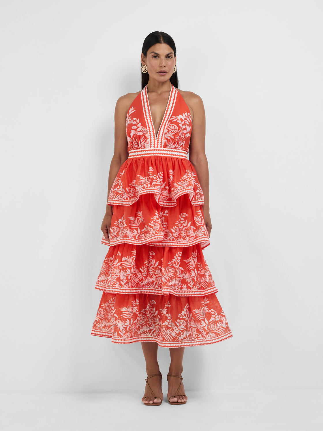 Ravello Dress Red Floral | Printed Tiered Halter Midi | SHEIKE