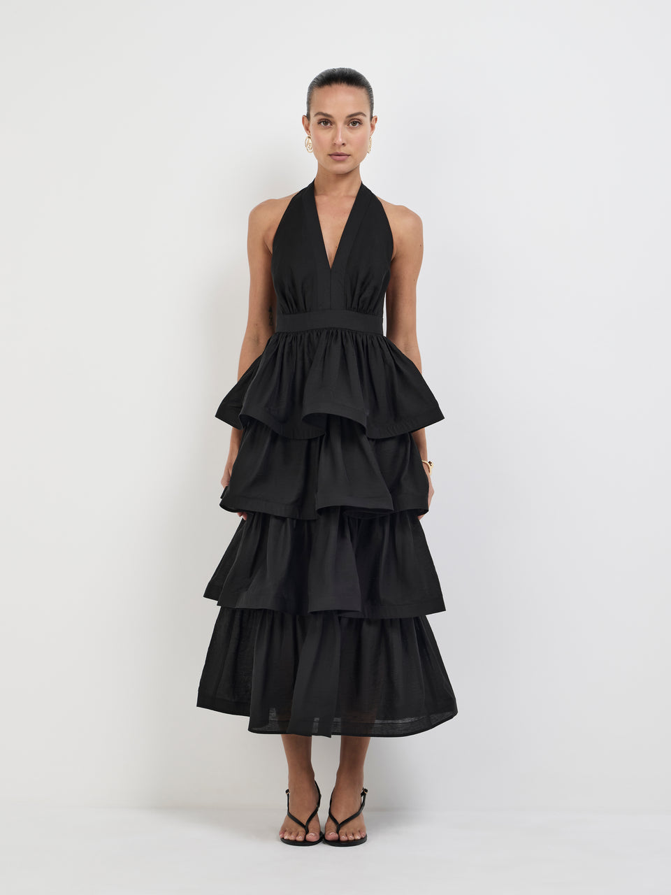 Ravello Dress Black | Tiered Halter Midi | SHEIKE