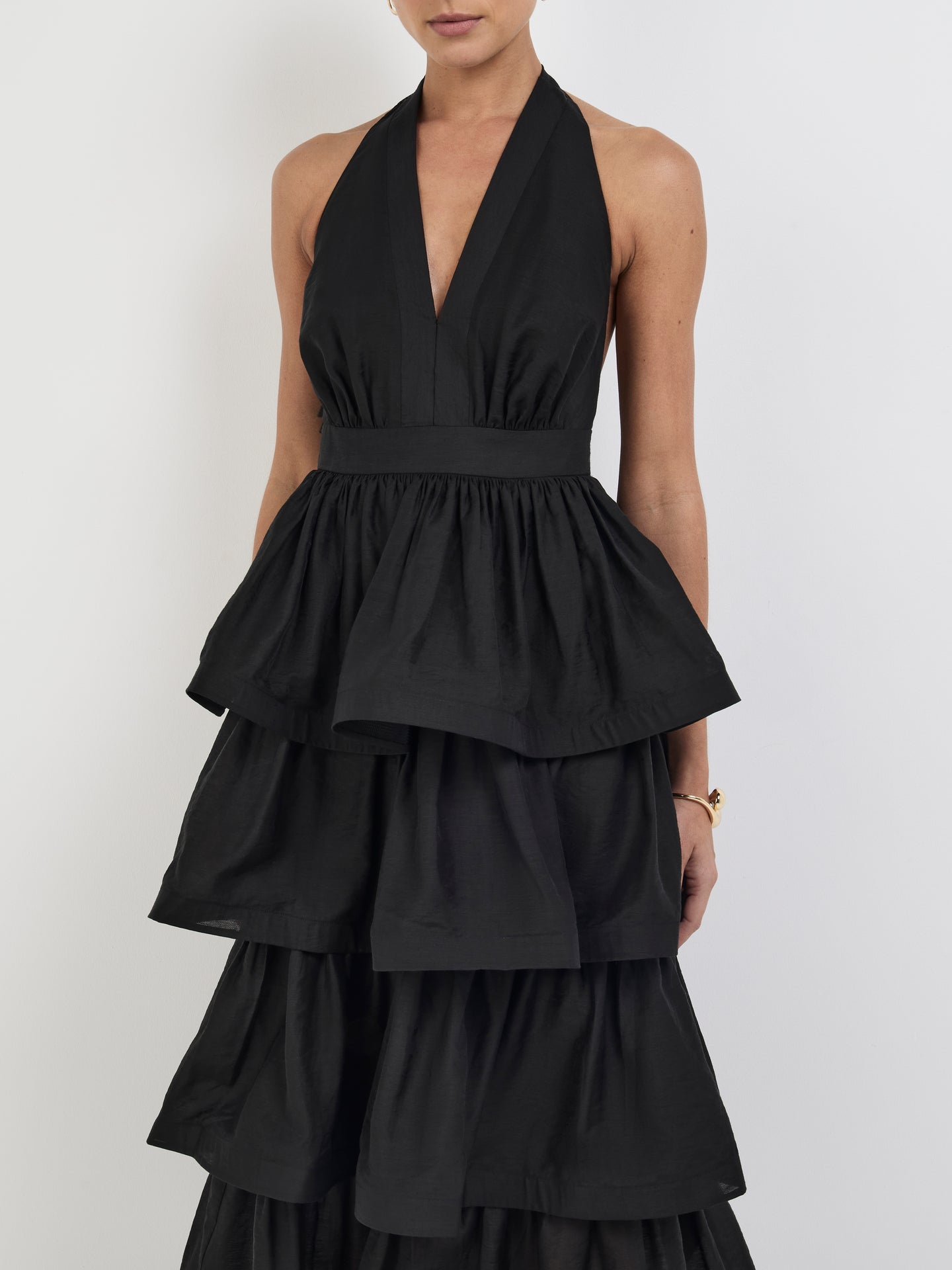 Ravello Dress Black | Tiered Halter Midi | SHEIKE