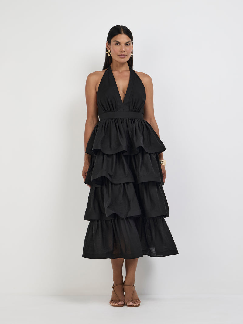 Ravello Dress Black | Tiered Halter Midi | SHEIKE