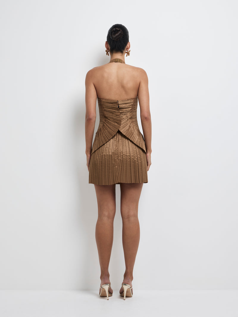 Soraya Pleated Mini Dress Bronze | Cocktail Mini Dress | SHEIKE