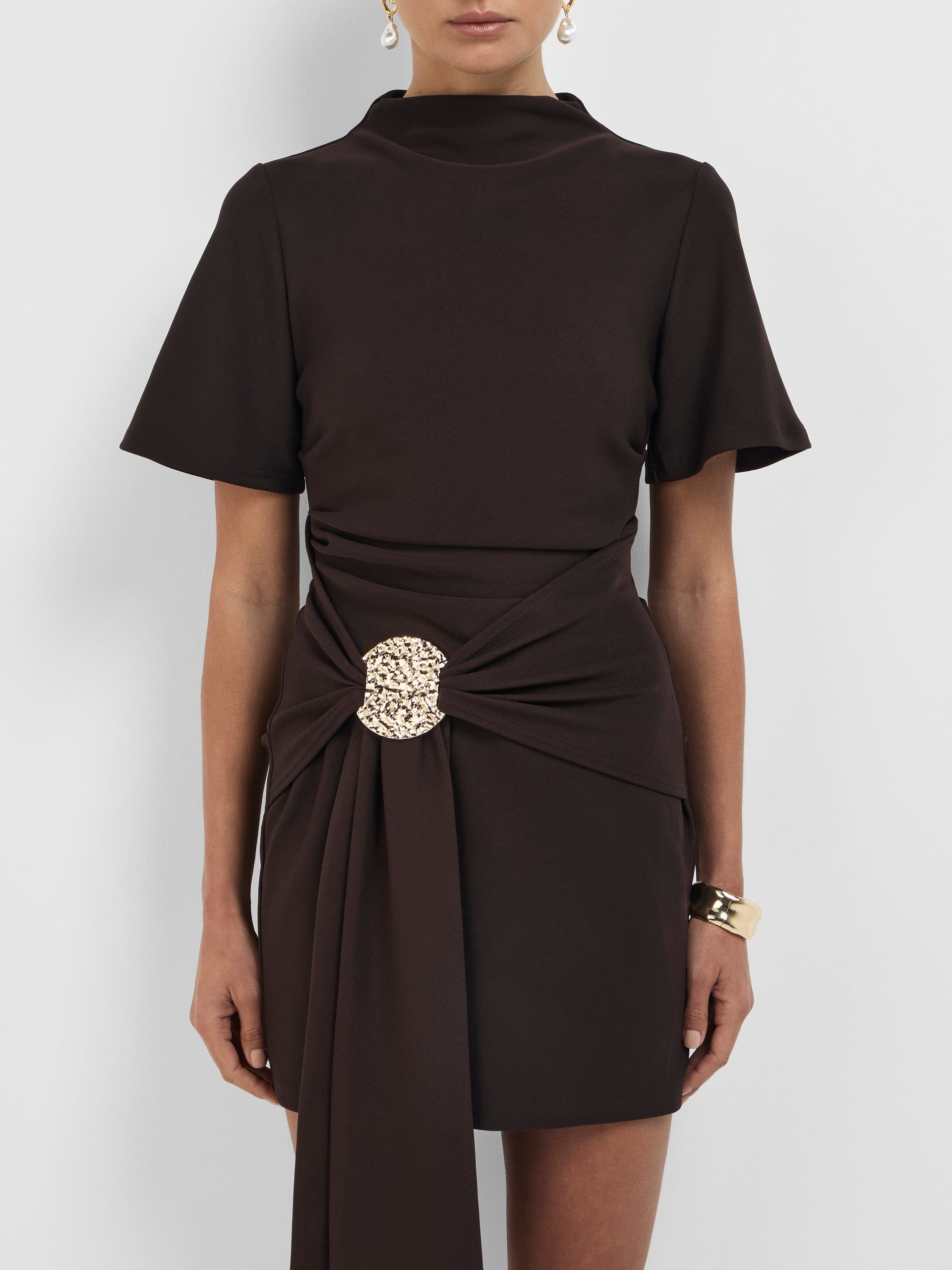 Amber Mini Dress Brown | High Neck Dress | SHEIKE