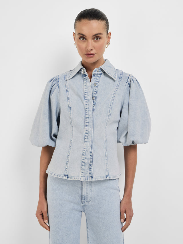 Indie Denim Shirt Blue | Denim Short Sleeve Top | SHEIKE
