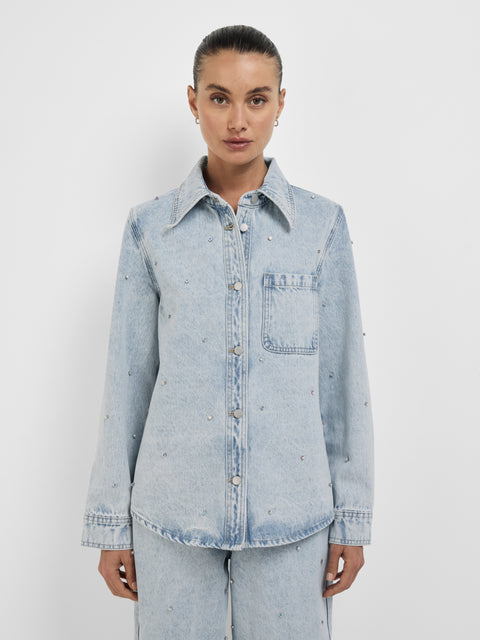 Delphy Shirt Blue | Diamante Denim Shirt | SHEIKE