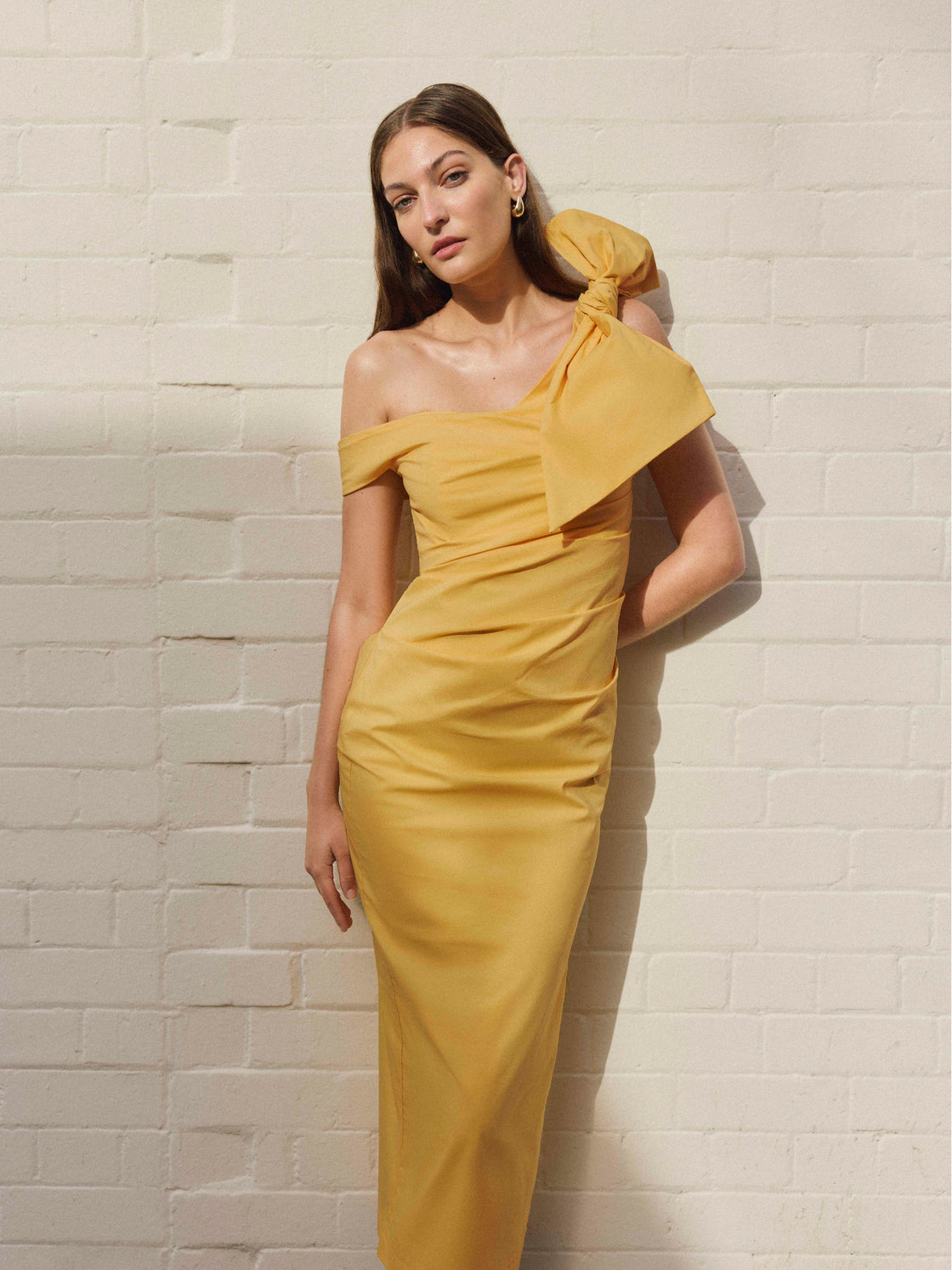 Anais Midi Dress Marigold | Bow Brooch Evening Dress | SHEIKE