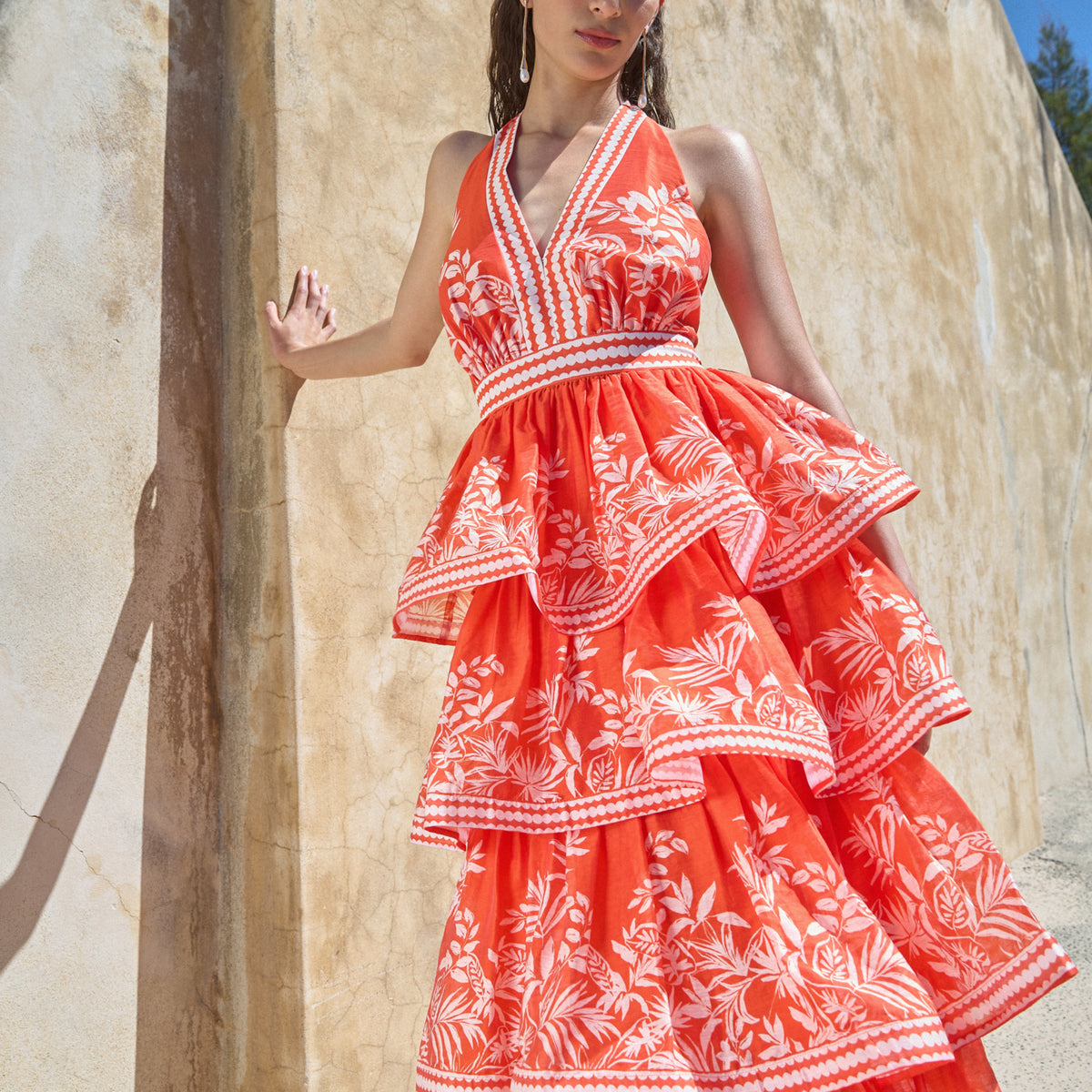 Ravello Dress Red Floral | Printed Tiered Halter Midi | SHEIKE