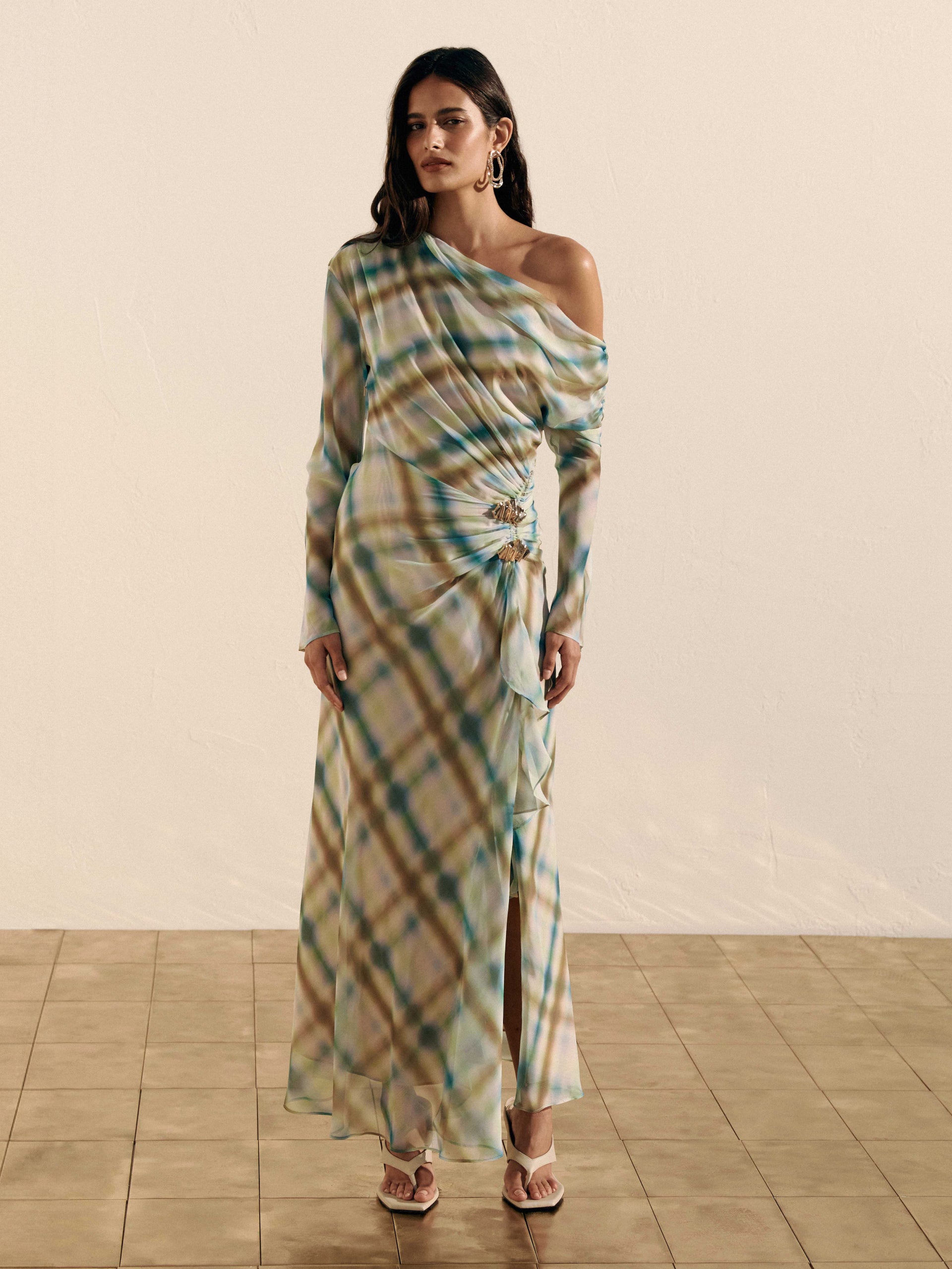 Ada Maxi Dress Check | Georgette Off Shoulder Dress | SHEIKE