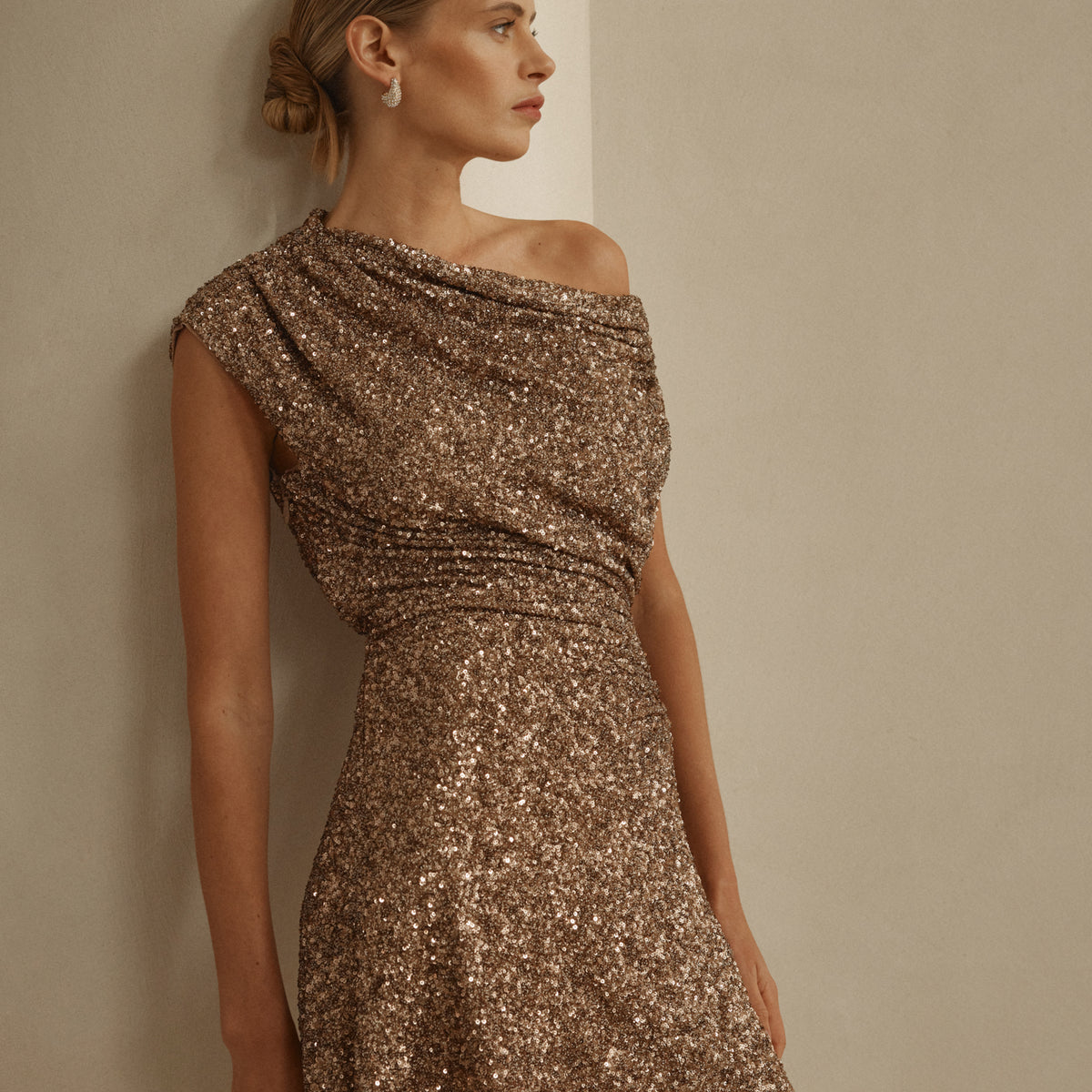 Glimmer Mini Dress Bronze | Sequin Mini Dress | SHEIKE