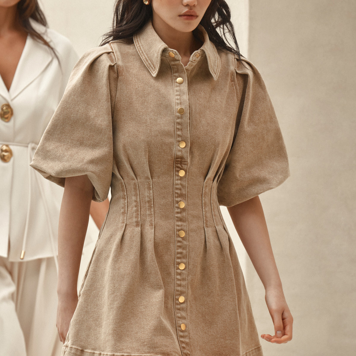 Lucie Dress Sand | Denim Mini Dress | SHEIKE